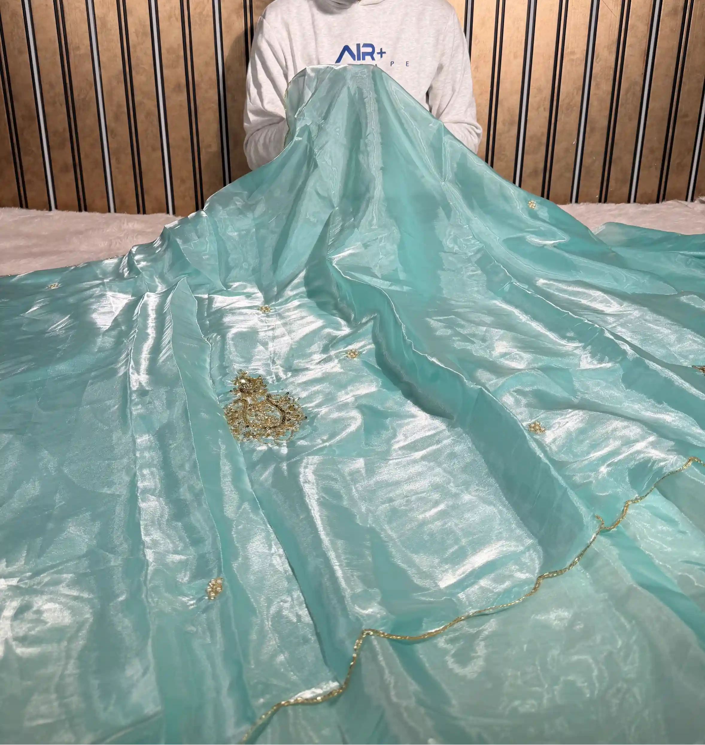 Firozi Blue Shimmery Tissue Silk Handwork Saree – Unique Threads Sarees