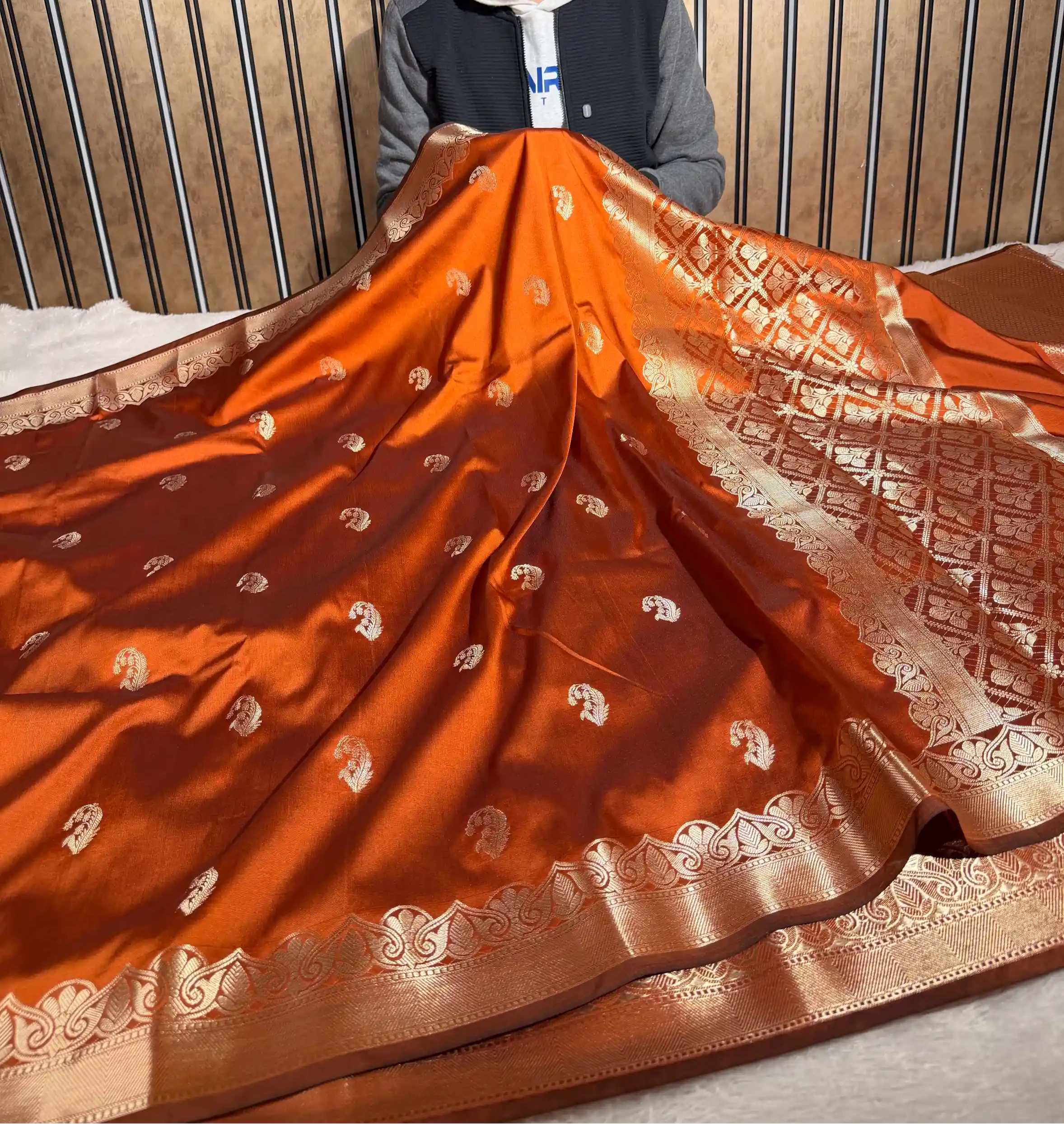 Goldish Mustard Semi Katan Heritage Banarasi Saree – Unique Threads Sarees