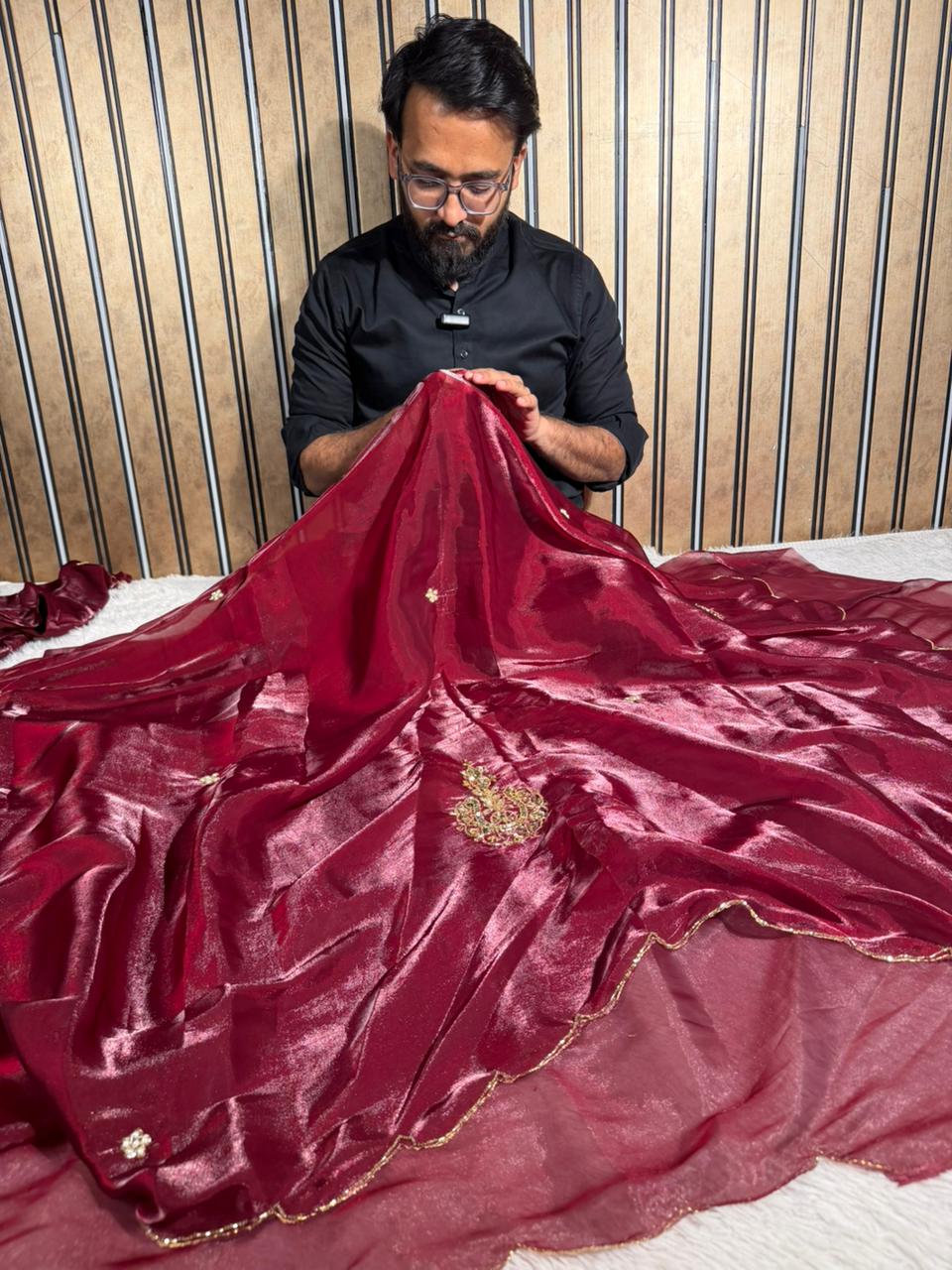 Maroon Shimmery Tissue Silk Handwork Saree – Unique Threads Sarees