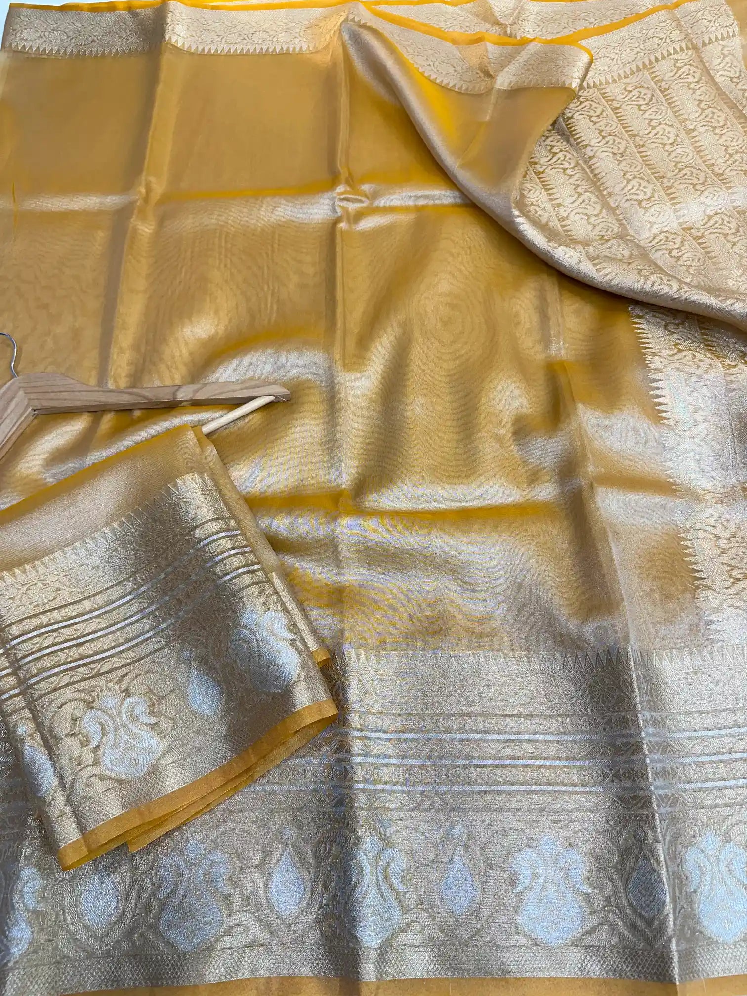 Metallic Mustard Glass Tissue Silk Banarasi Saree – Unique Threads Sarees