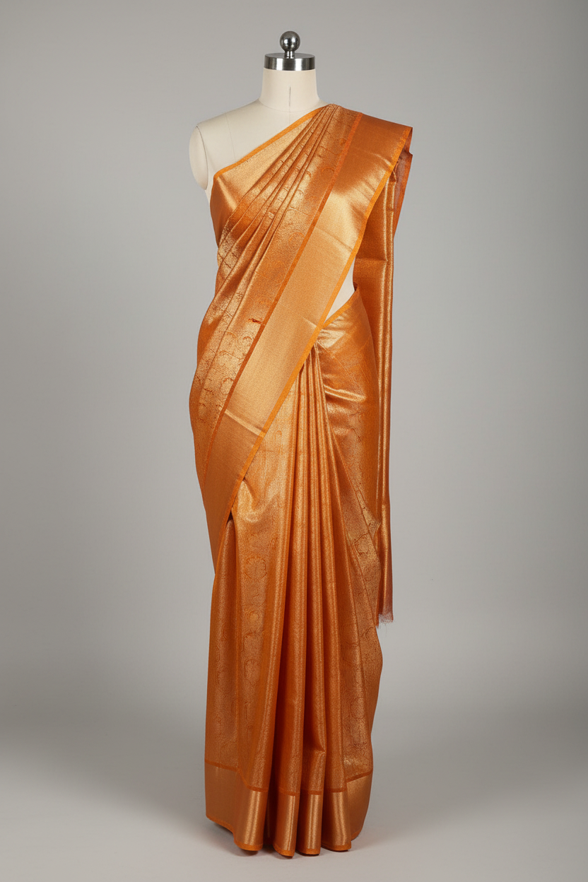 Metallic Brange Bridal Kanjivaram Tissue Silk Saree – Unique Threads Sarees