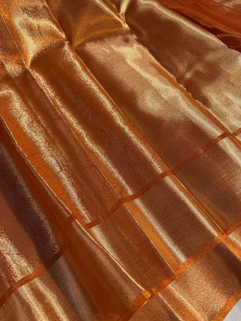 Metallic Brange Bridal Kanjivaram Tissue Silk Saree – Unique Threads Sarees