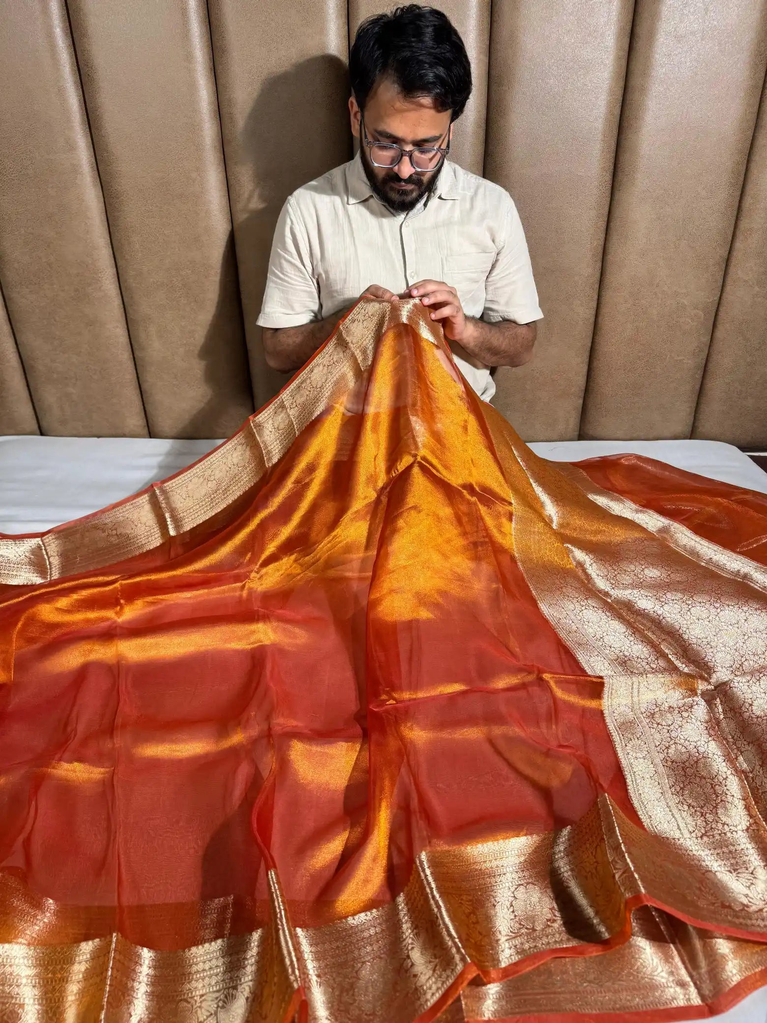 Metallic orange pure tissue silk Banarasi saree – Unique Threads Sarees