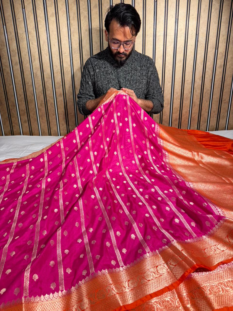 Rani Pink with Contrast Orange Borders Chinia Silk Banarasi Saree ...