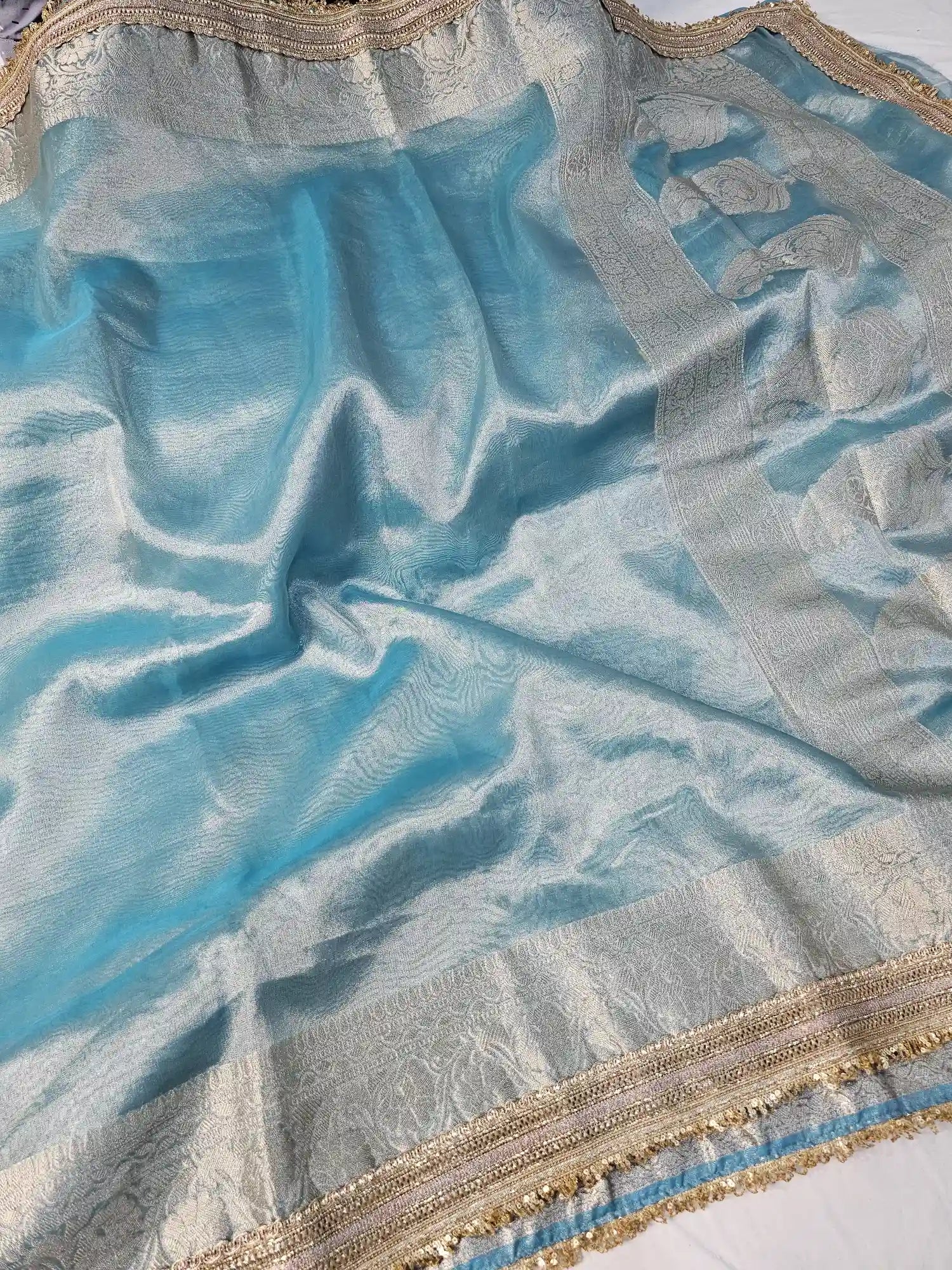 Sky Blue Premium Tissue Silk Saree with Exclusive Lace Work – Unique ...